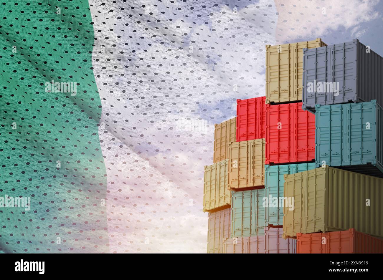 Ireland flag and big stack of shipping cargo containers in docks with ...