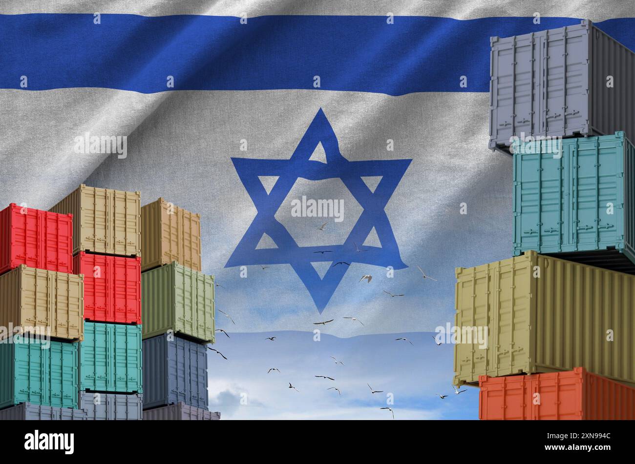 Israel flag and big stack of shipping cargo containers in docks with ...