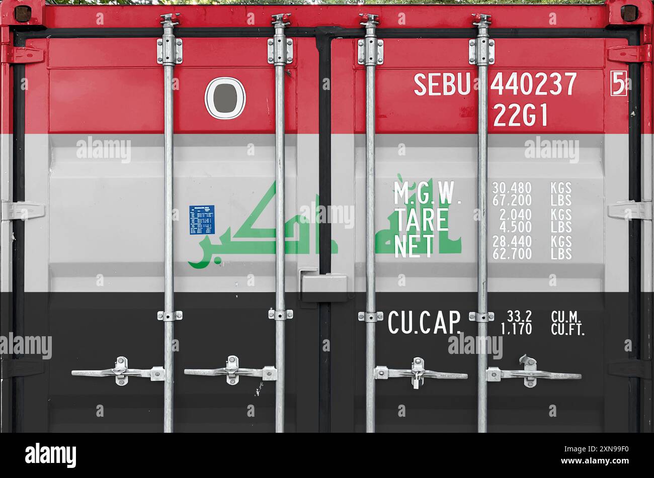 Iraq flag depicted on metal doors of shipping cargo container outdoors ...