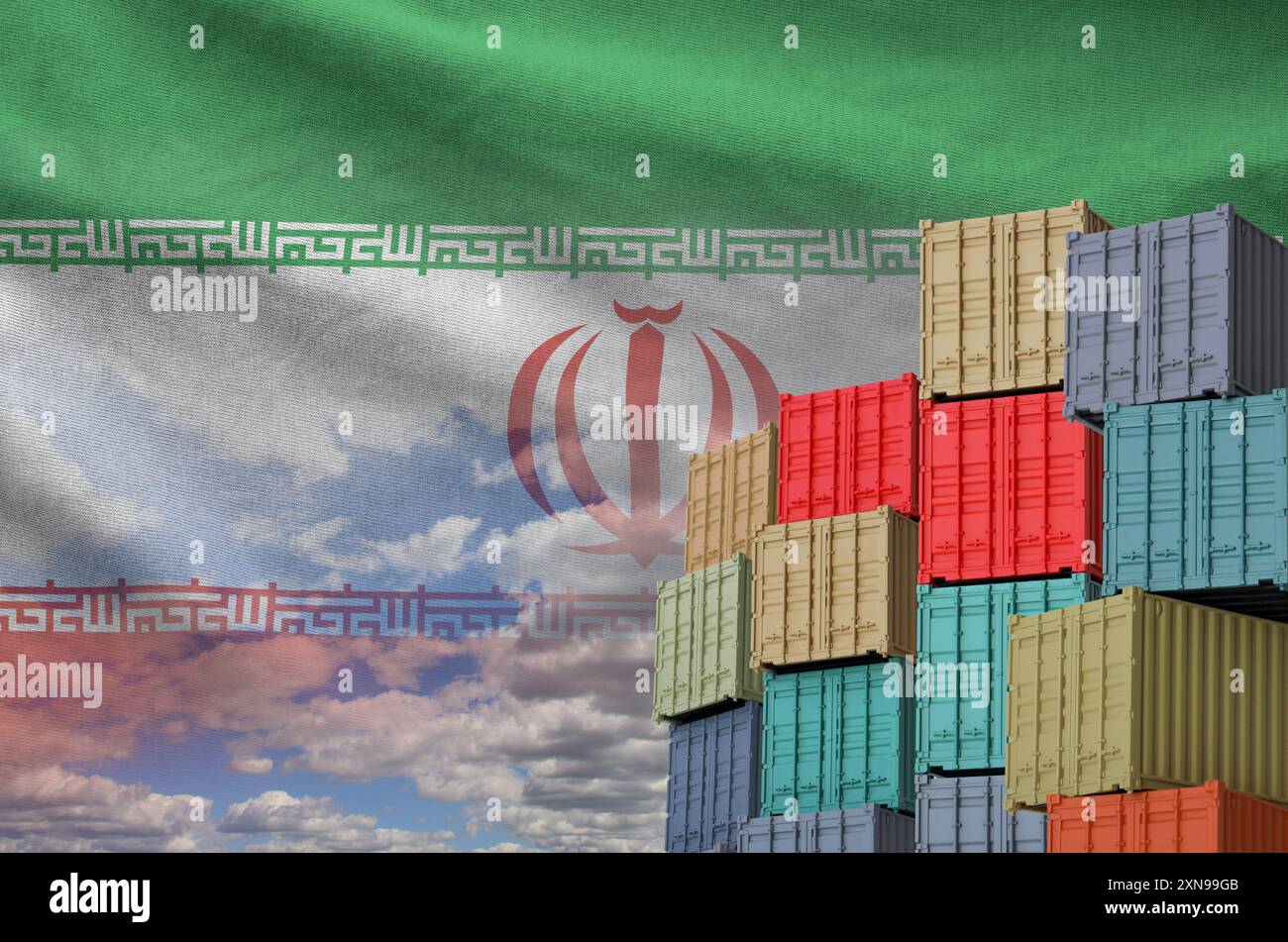 Iran flag and big stack of shipping cargo containers in docks with sky ...