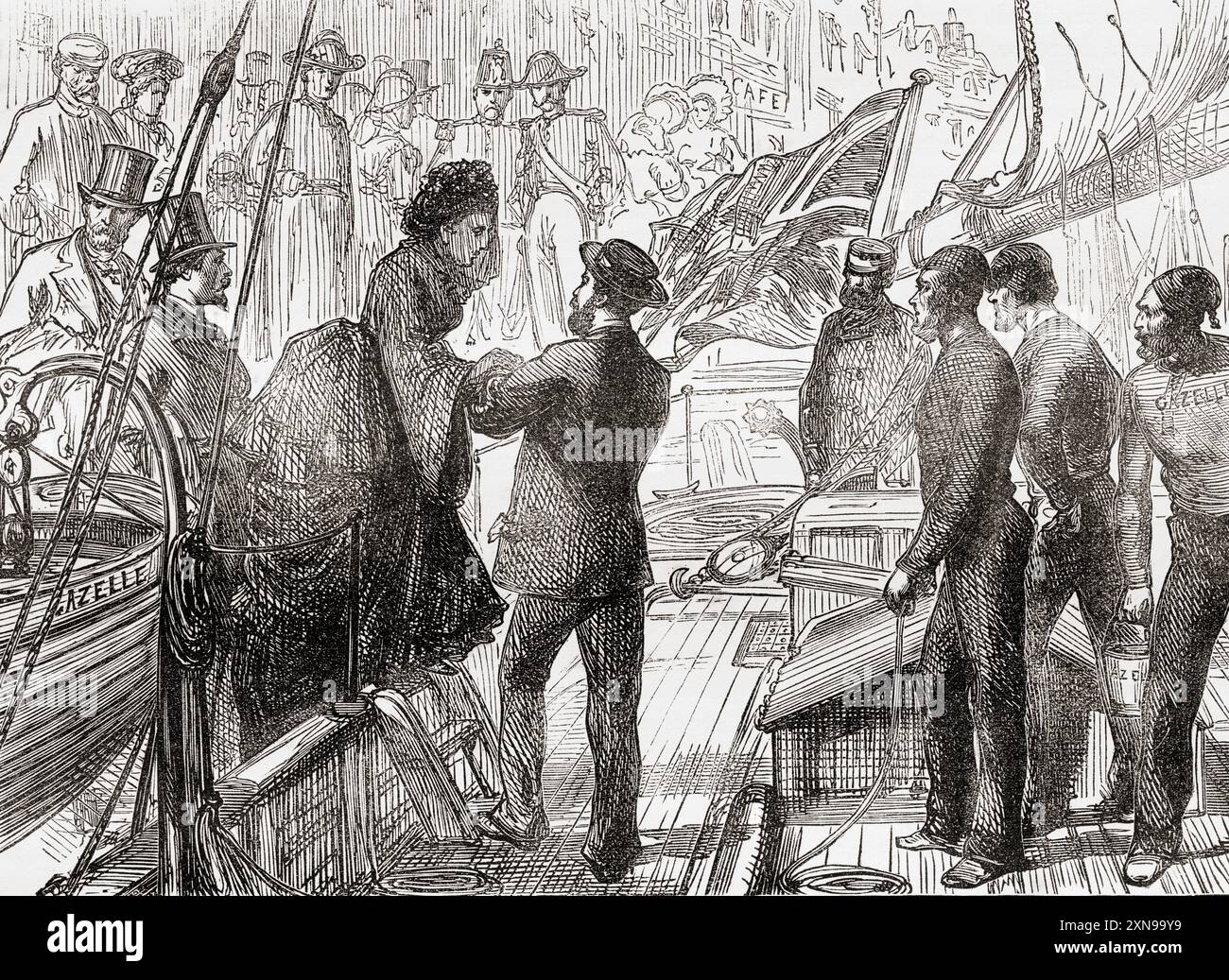 The Empress Eugenie at Trouville stepping aboard the Gazelle, the yacht ...