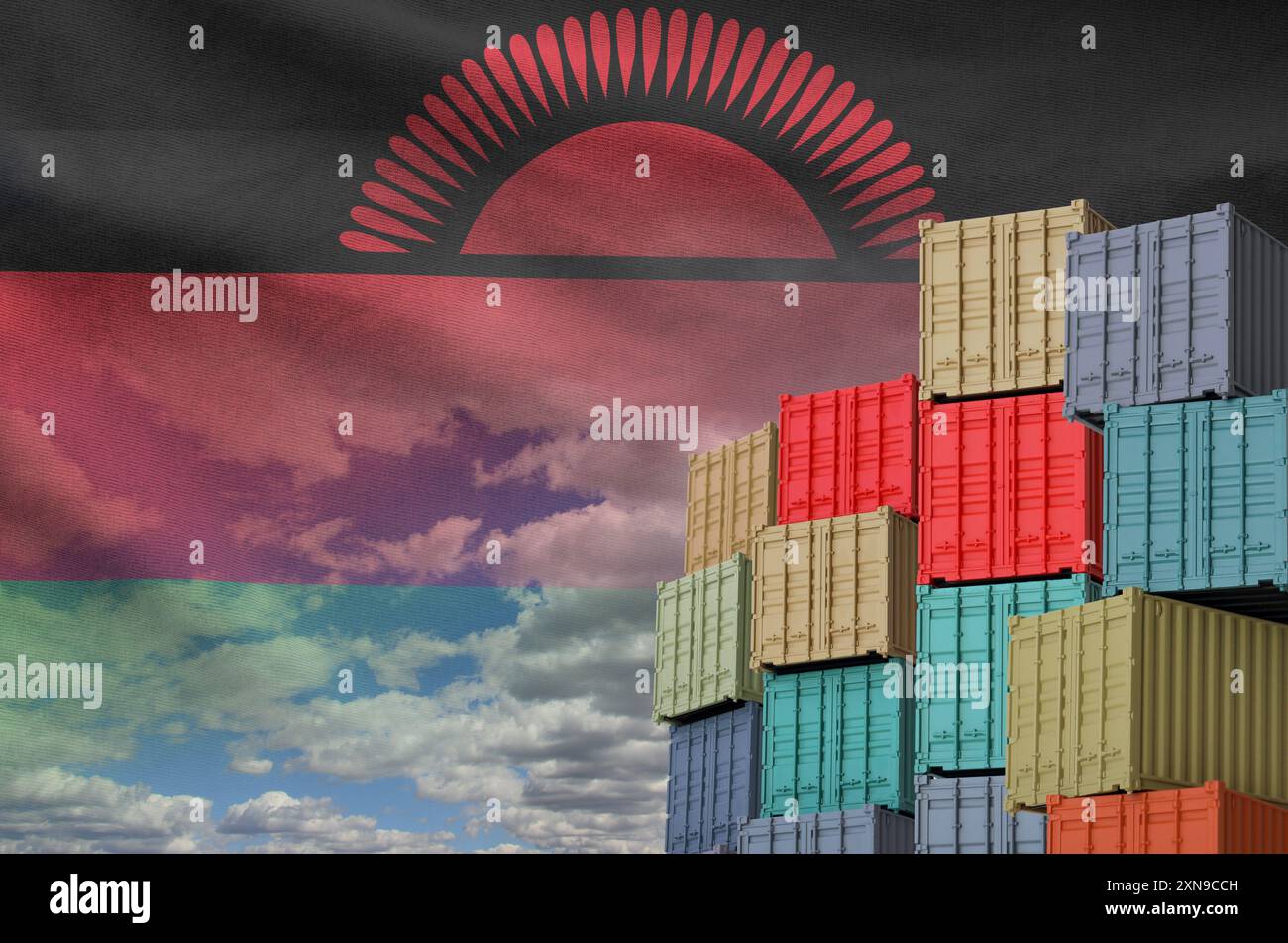 Malawi flag and big stack of shipping cargo containers in docks with ...