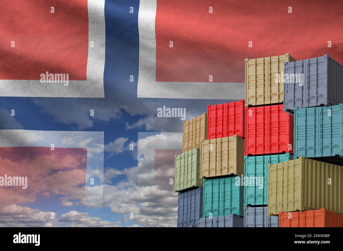 Norway flag and big stack of shipping cargo containers in docks with ...