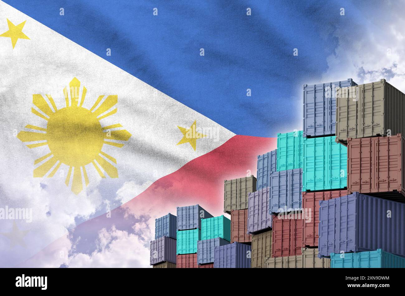 Philippines flag and big stack of shipping cargo containers in docks ...