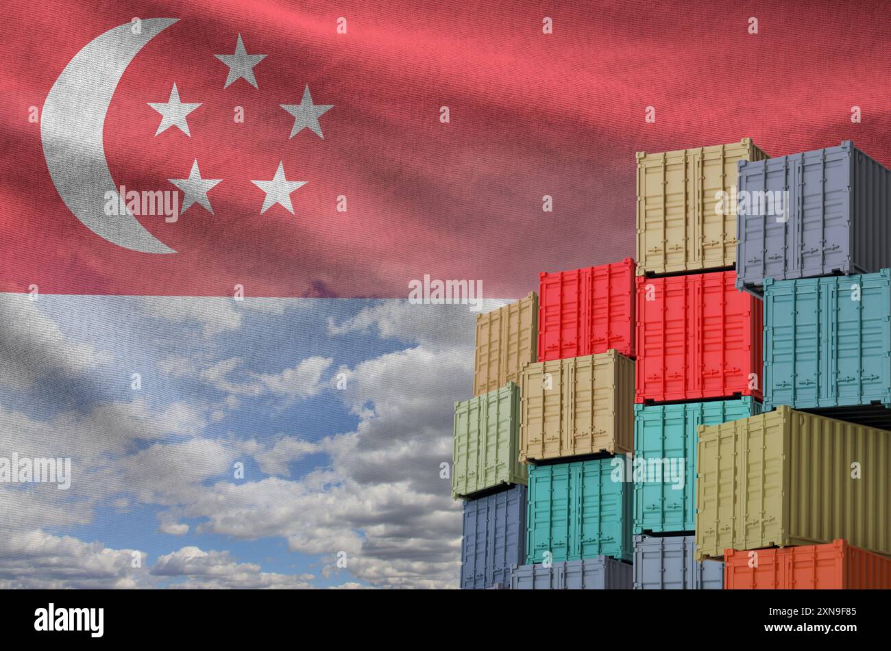 Singapore flag and big stack of shipping cargo containers in docks with ...