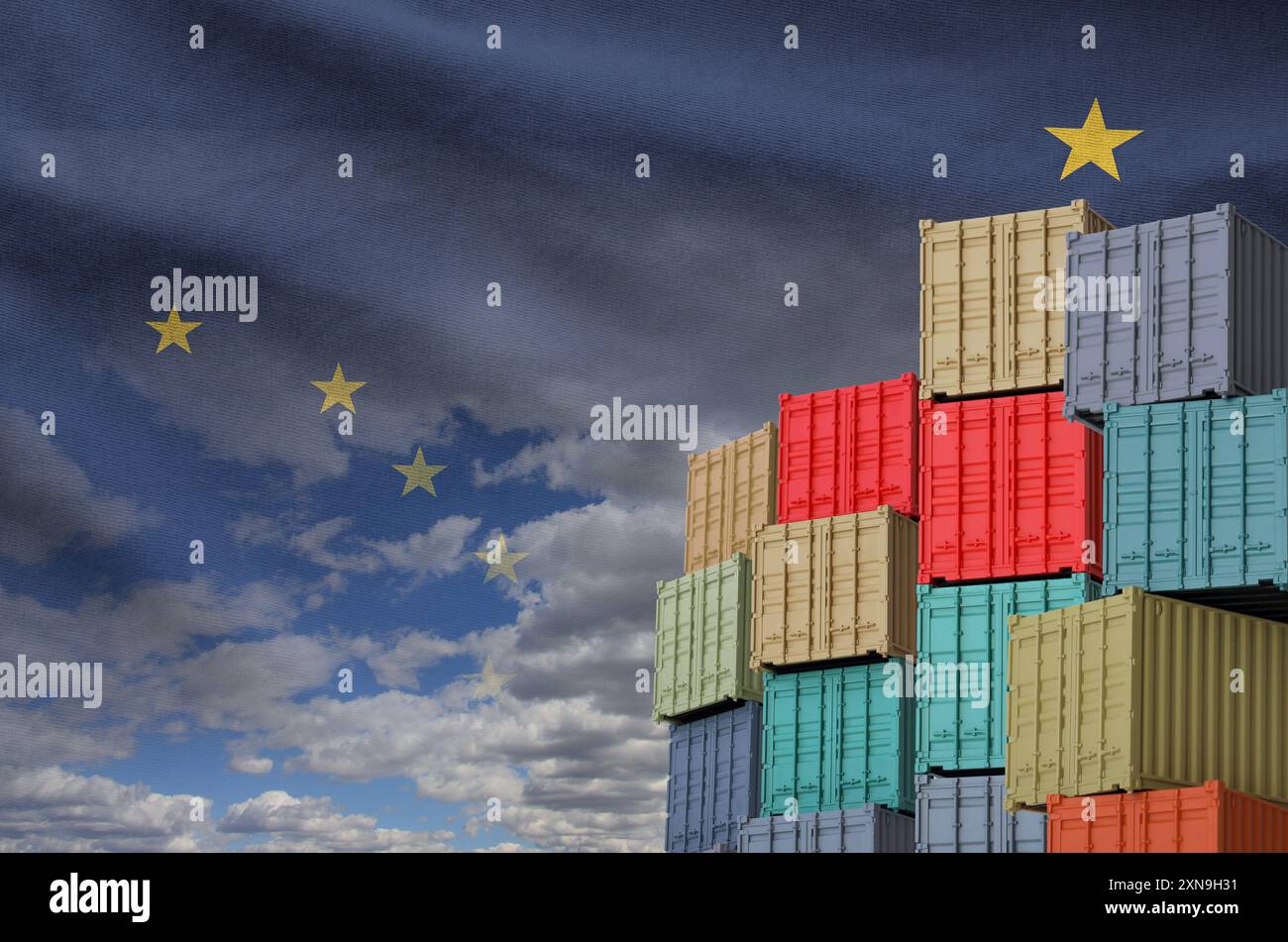 Alaska US state flag and big stack of shipping cargo containers in ...