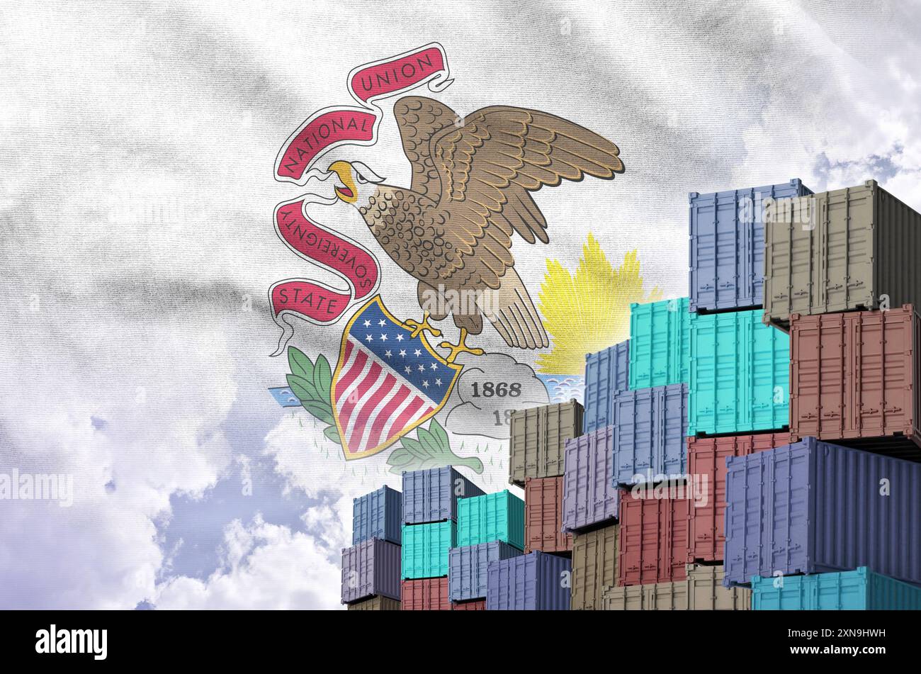 Illinois US state flag and big stack of shipping cargo containers in ...
