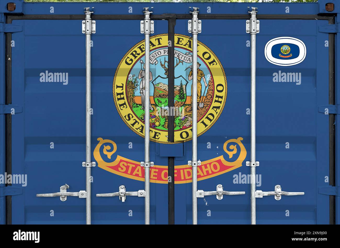 Idaho US state flag depicted on metal doors of shipping cargo container ...