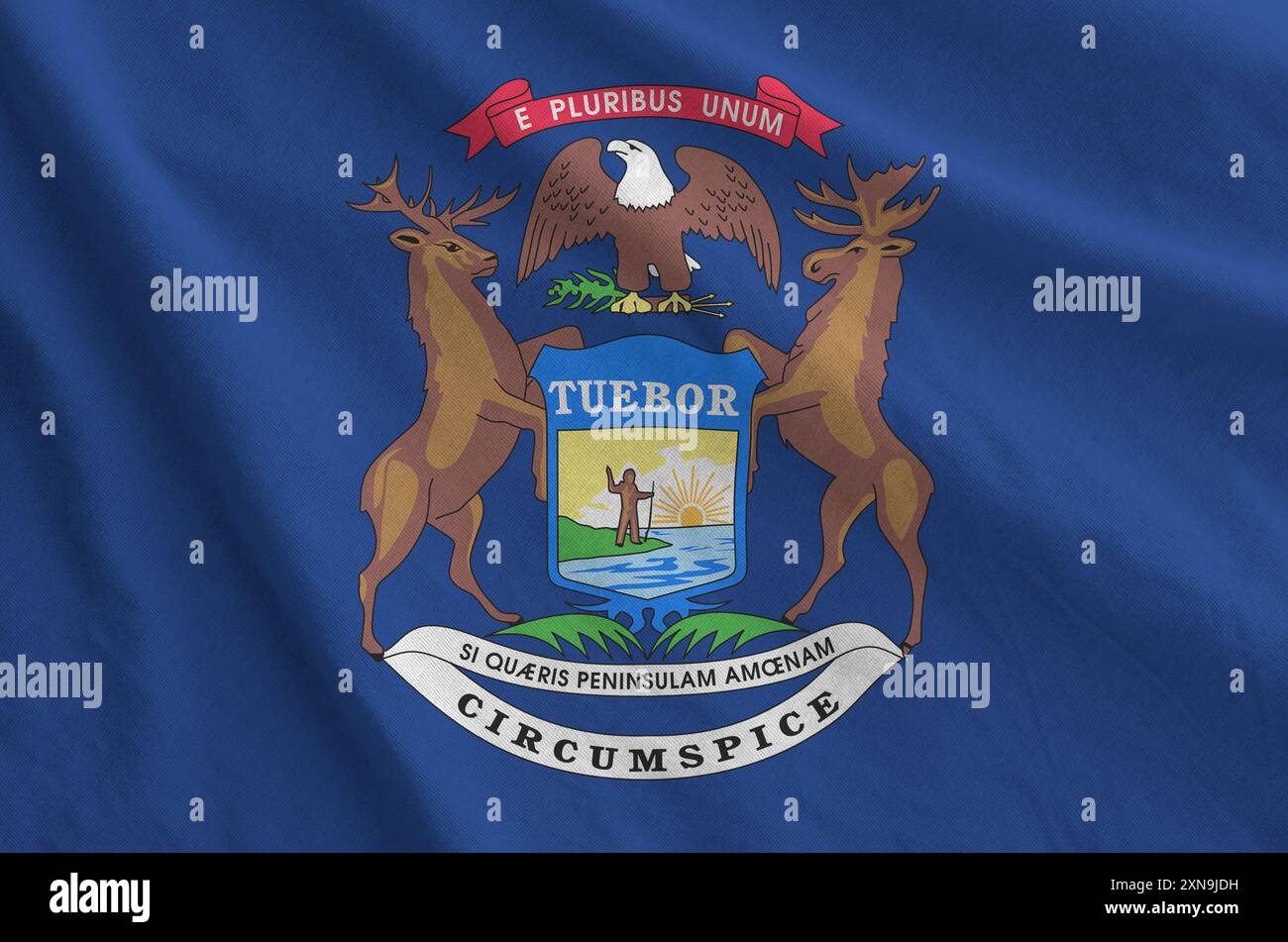 Michigan US state flag depicted on folded wavy fabric of old cloth ...