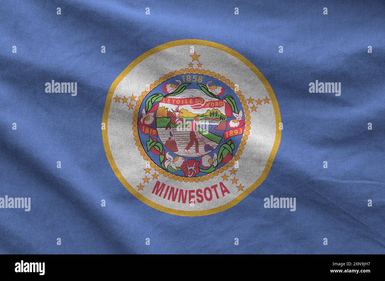 Minnesota US state flag depicted on folded wavy fabric of old cloth ...