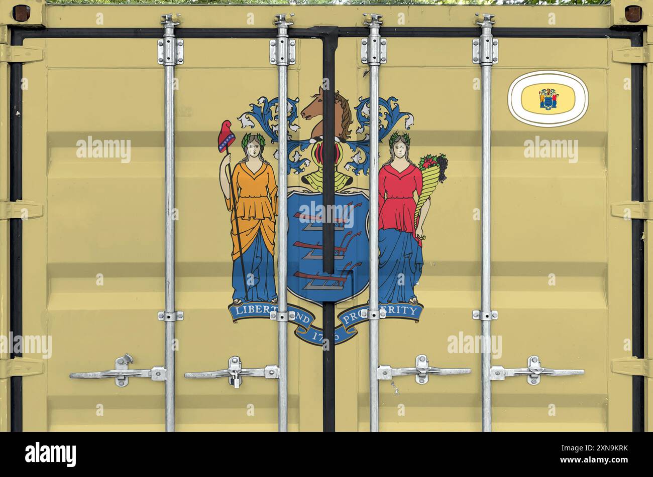 New Jersey US state flag depicted on metal doors of shipping cargo ...