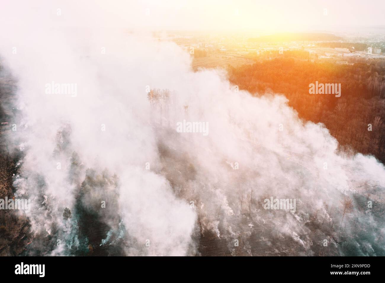 Aerial View. Spring Dry Grass Burns During Drought Hot Weather. Bush ...