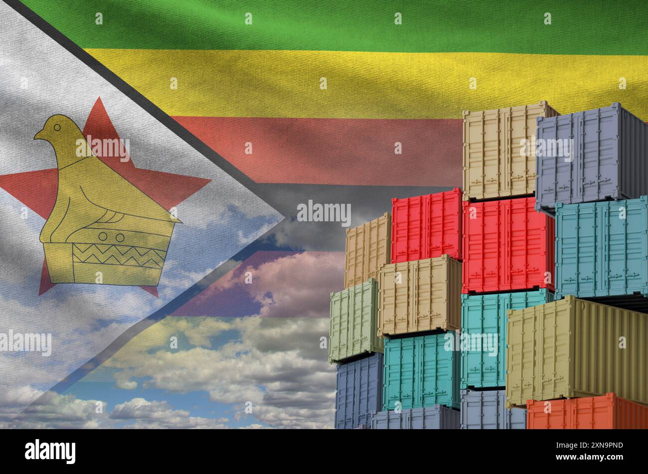 Zimbabwe flag and big stack of shipping cargo containers in docks with ...