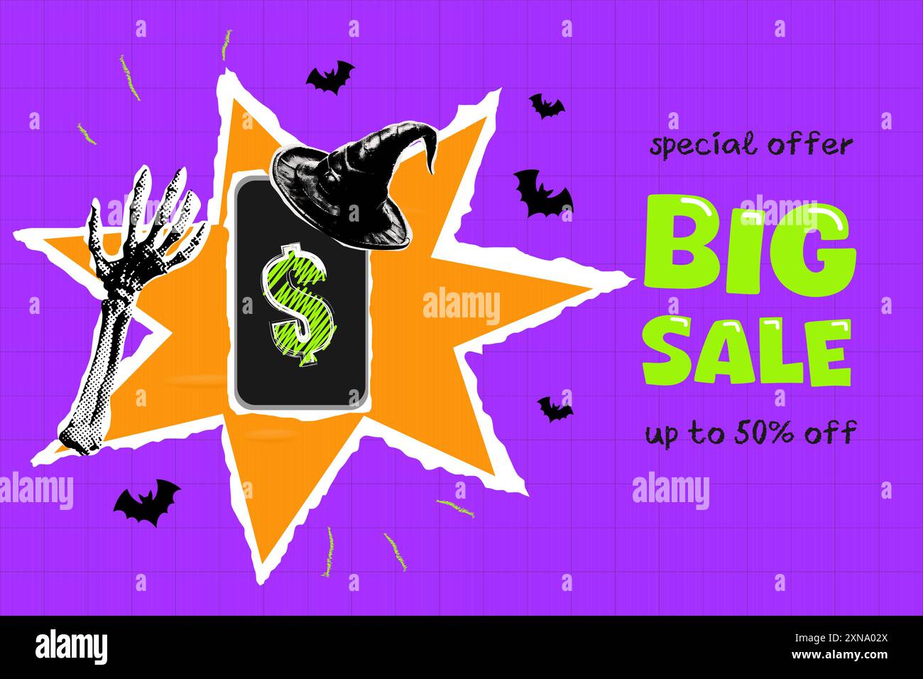 Halloween Discount Banner. Collage halftone style. Vector illustration ...