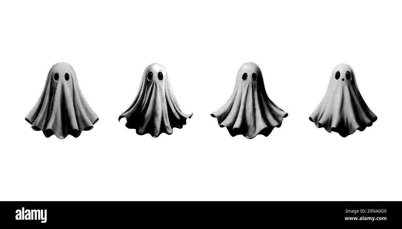 Half-tone set of ghosts. Vector drawing from dots, collage element ...
