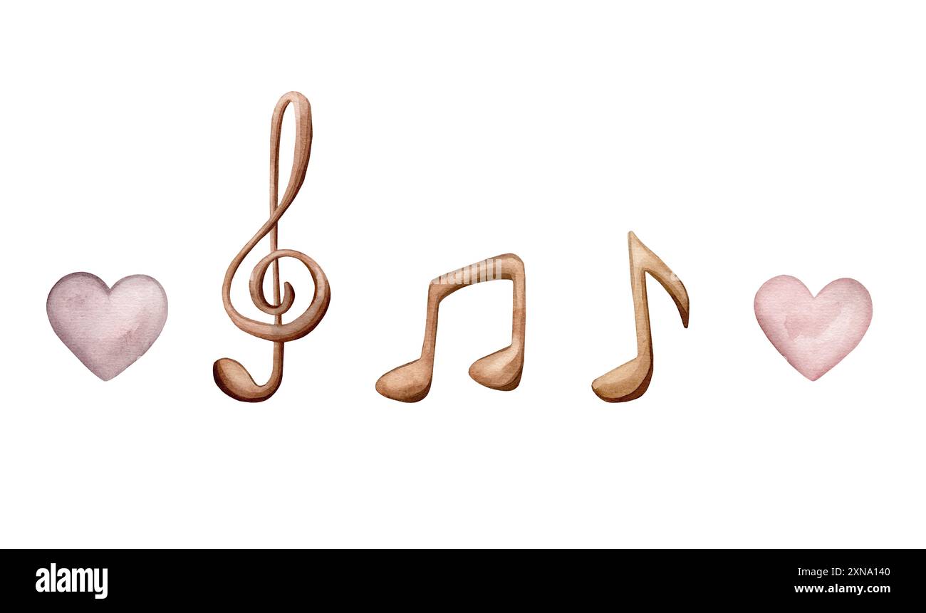 Watercolor set of brown musical notes and treble clef. Musical wave and ...