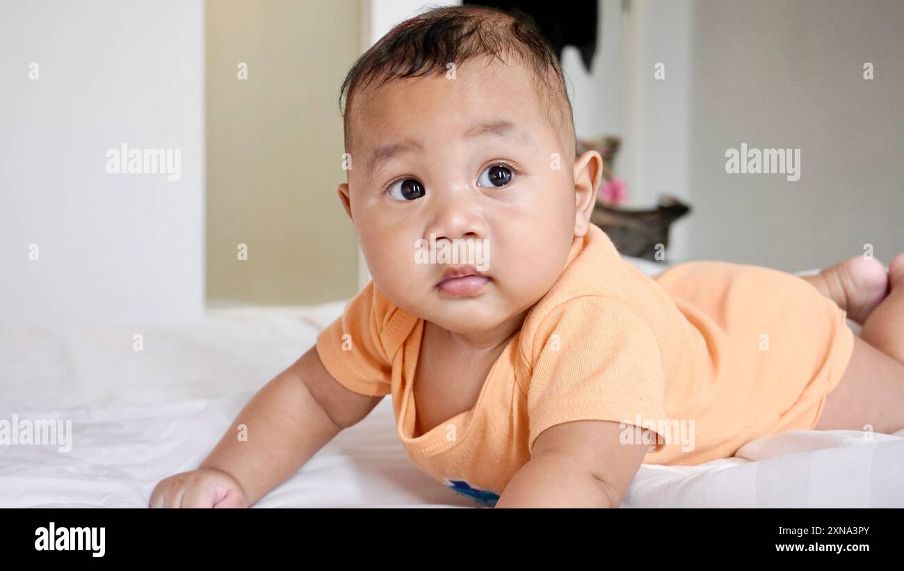 Fat and healthy Asian baby boy, practicing tummy time at five months ...