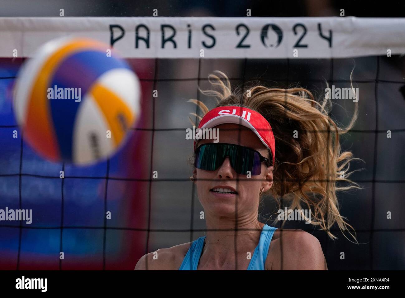 Nina Brunner eyes the ball during the women's pool F beach volleyball ...