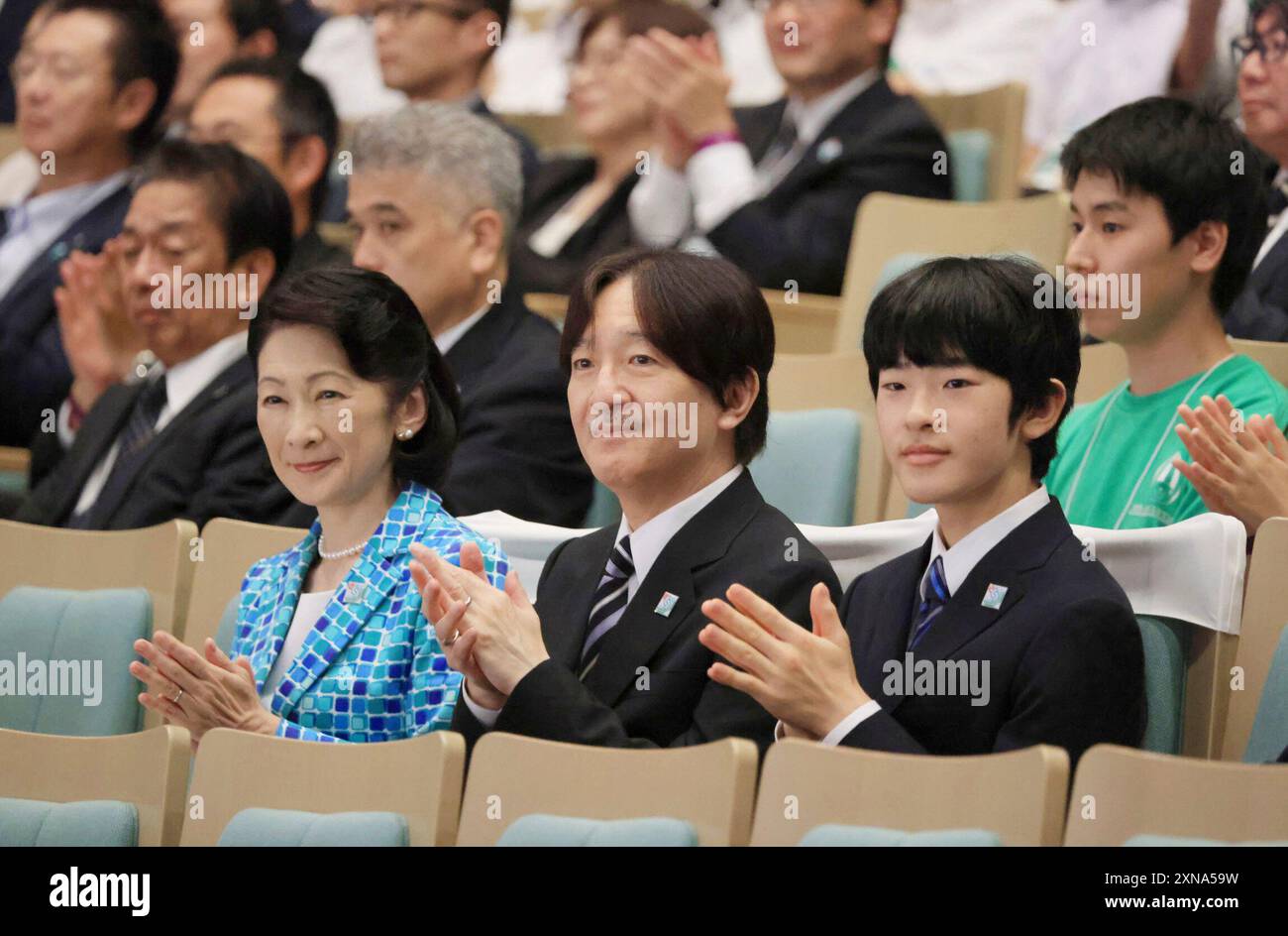 Japanese Crown Prince Akishino (C) and his wife Crown Princess Kiko (L) and their eldest son ...