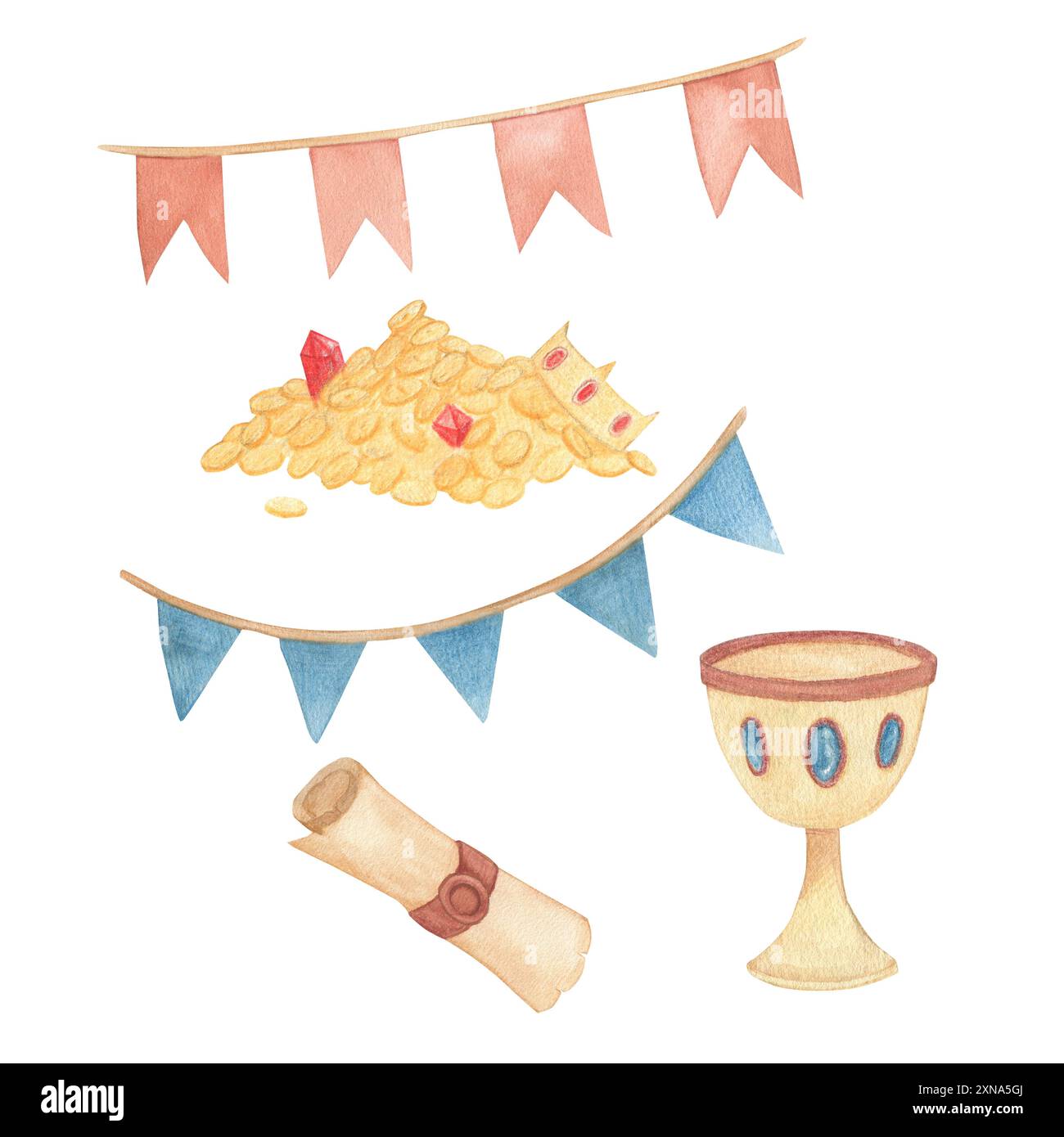 Watercolor illustration set of a golden medieval drink cup, garland of ...