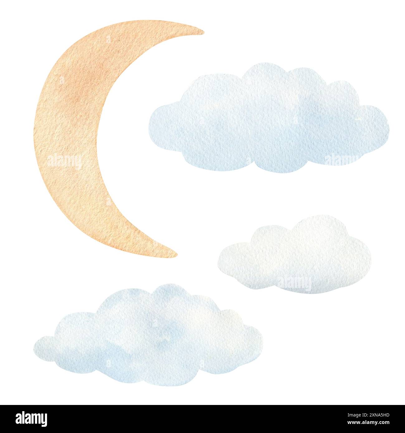 Watercolor illustration of stylized moon and clouds with watercolor ...