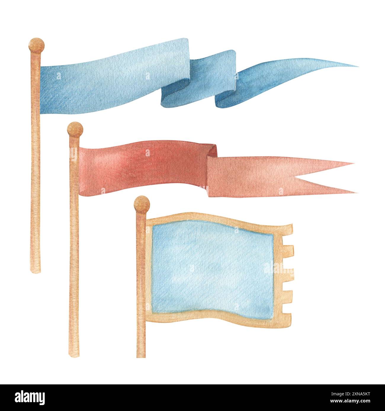 Watercolor illustration set of a waving flags in red and blue. Long ...