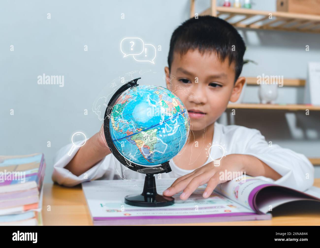 Kid Education, Asian boy looking at globe find the location of ...
