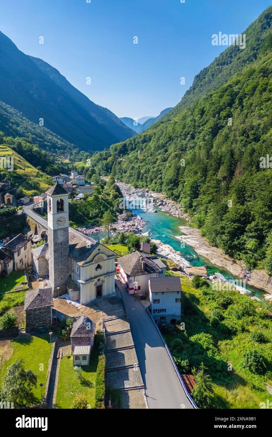 Aerial view of the church and town of Lavertezzo. Lavertezzo, Verzasca ...