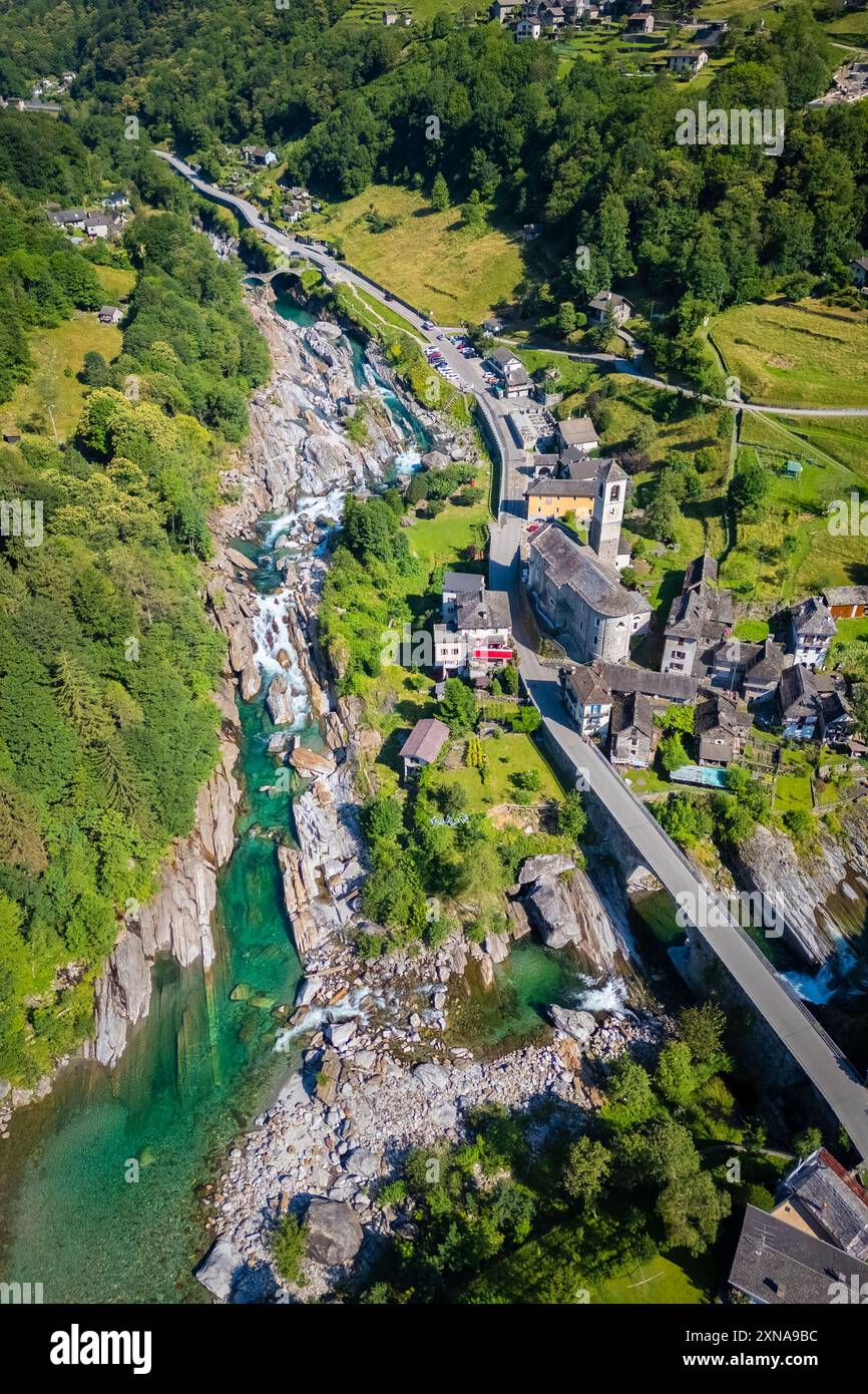 Aerial view of the church and town of Lavertezzo. Lavertezzo, Verzasca ...