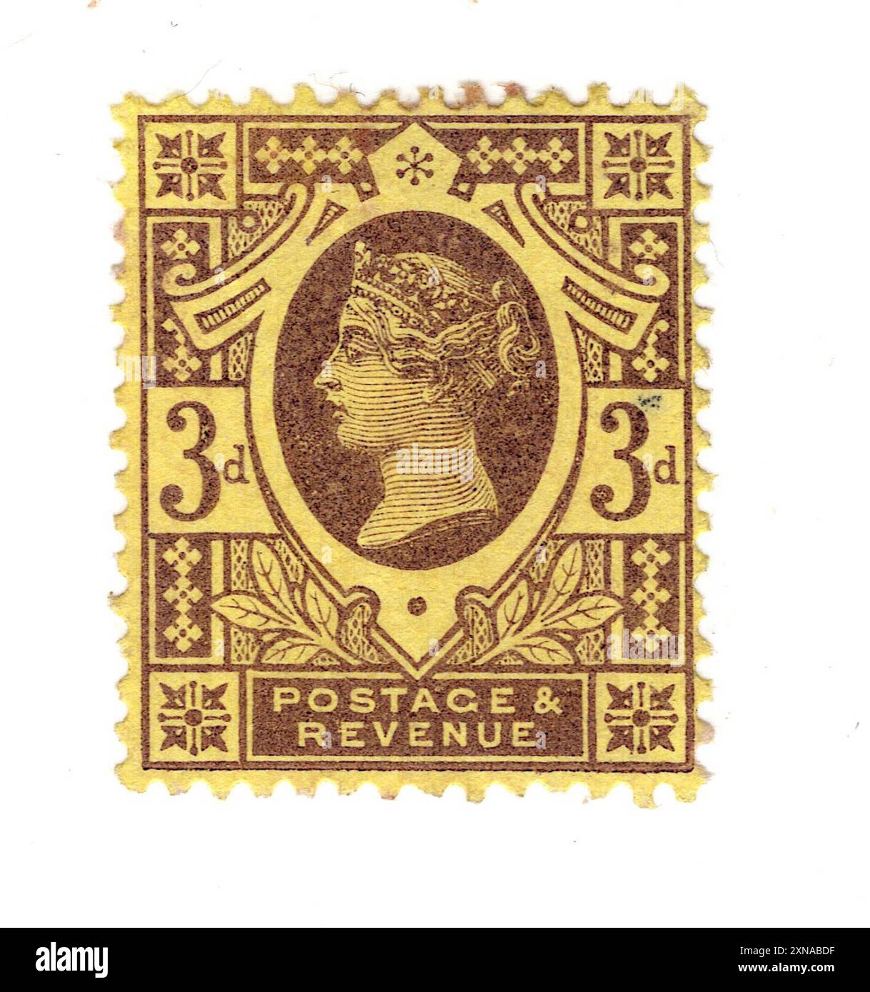 A vintage Queen Victoria 3d postage stamp from Great Britain on a white ...