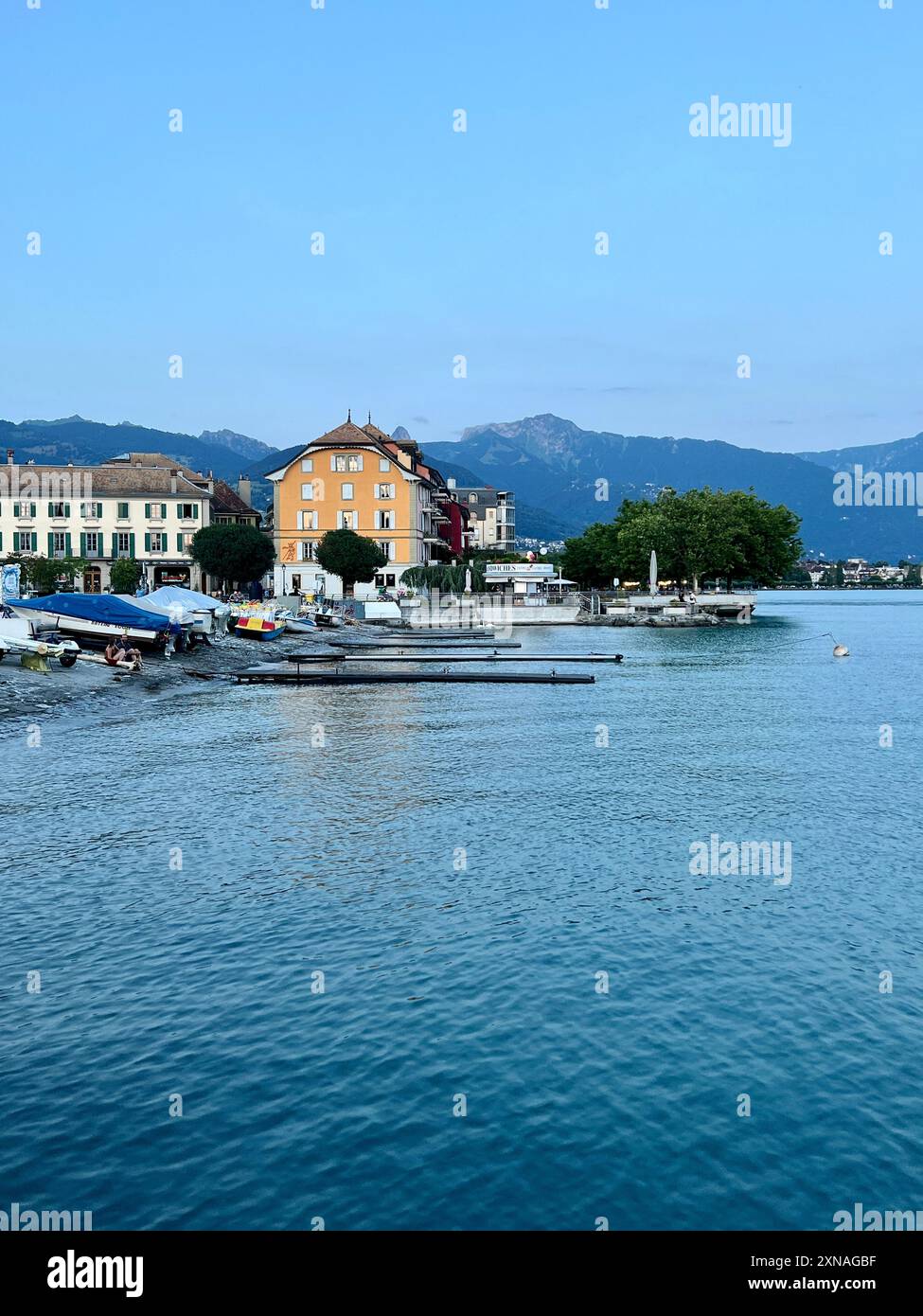 View of Lake Geneva and the Swiss Alps from Vevey Switzerland. Lakeside ...