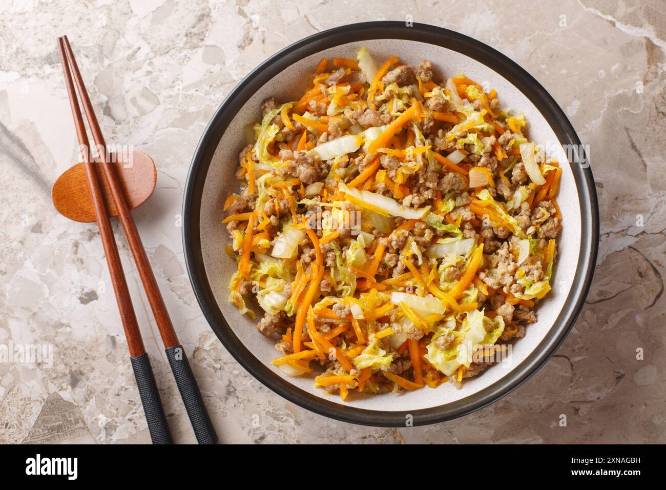 Eggroll in a bowl sauteed ground meat with vegetables in flavor packed ...