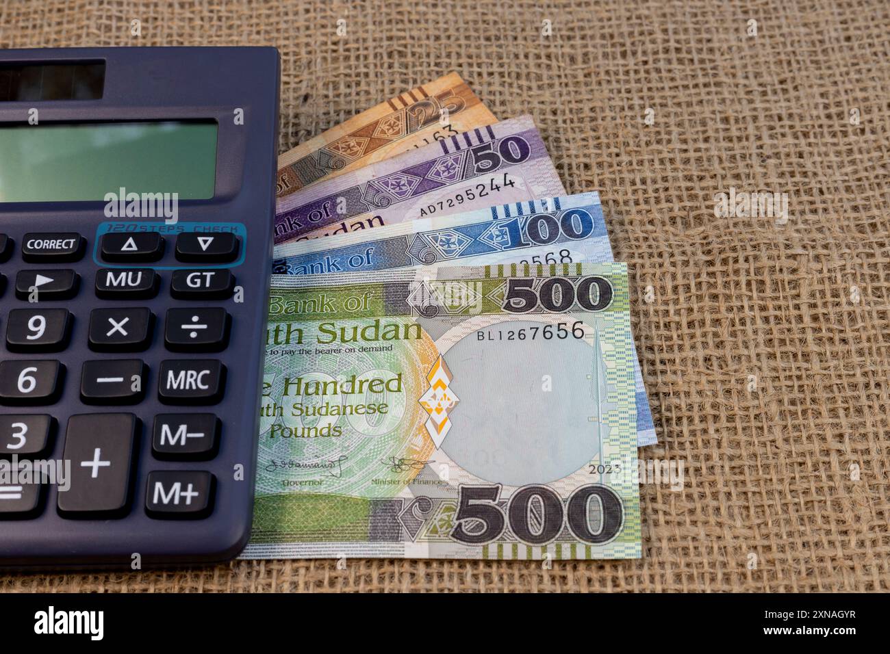 South Sudan different denominations of pound notes on a burlap ...