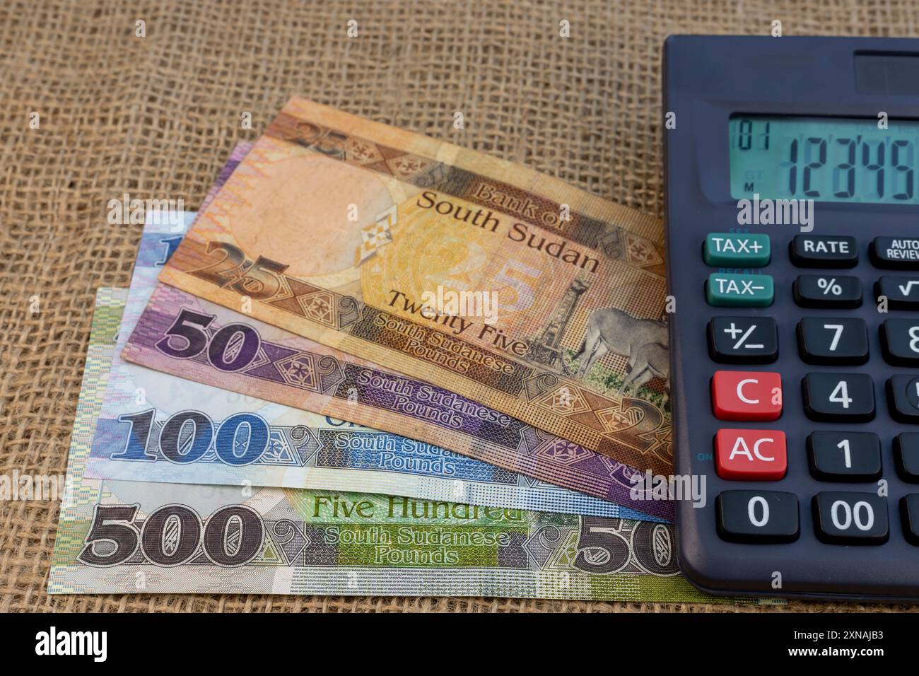 Calculator on a South Sudan currency notes reverse side with images of ...