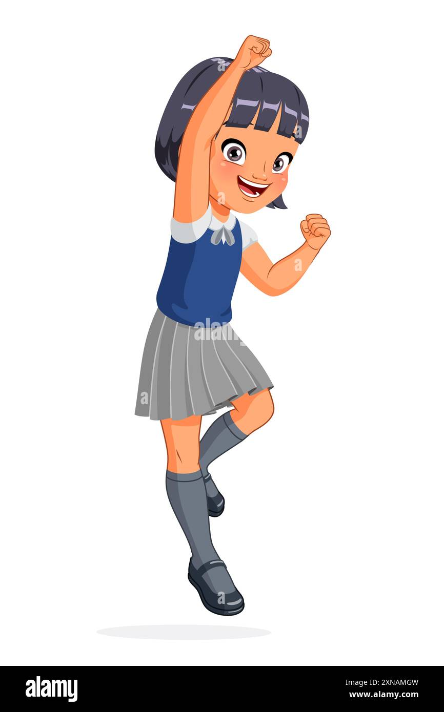 Little Asian girl in school uniform jumping with one hand in the air ...