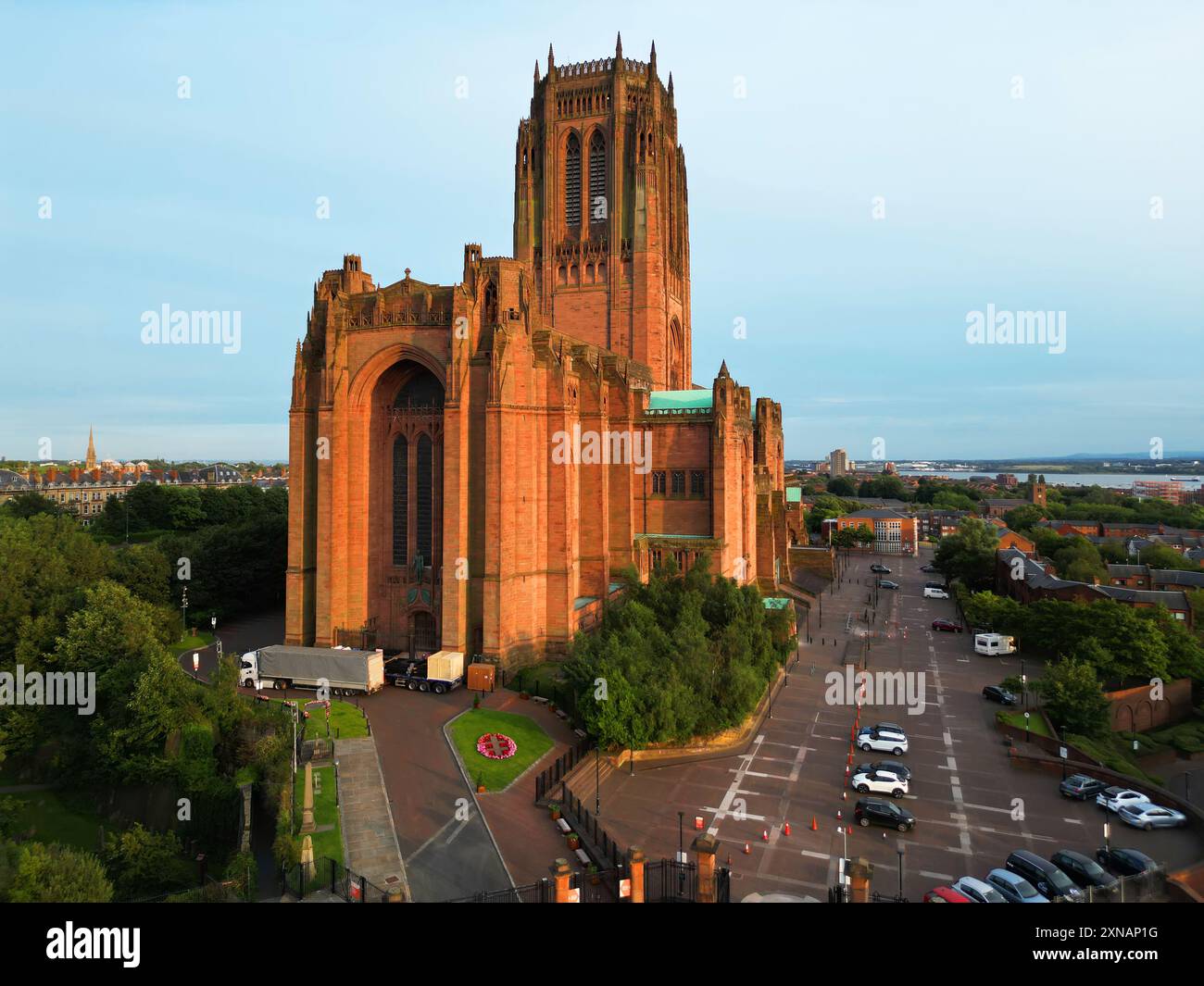 Aerial view of Liverpool Anglican Cathedral just before sunset Stock ...