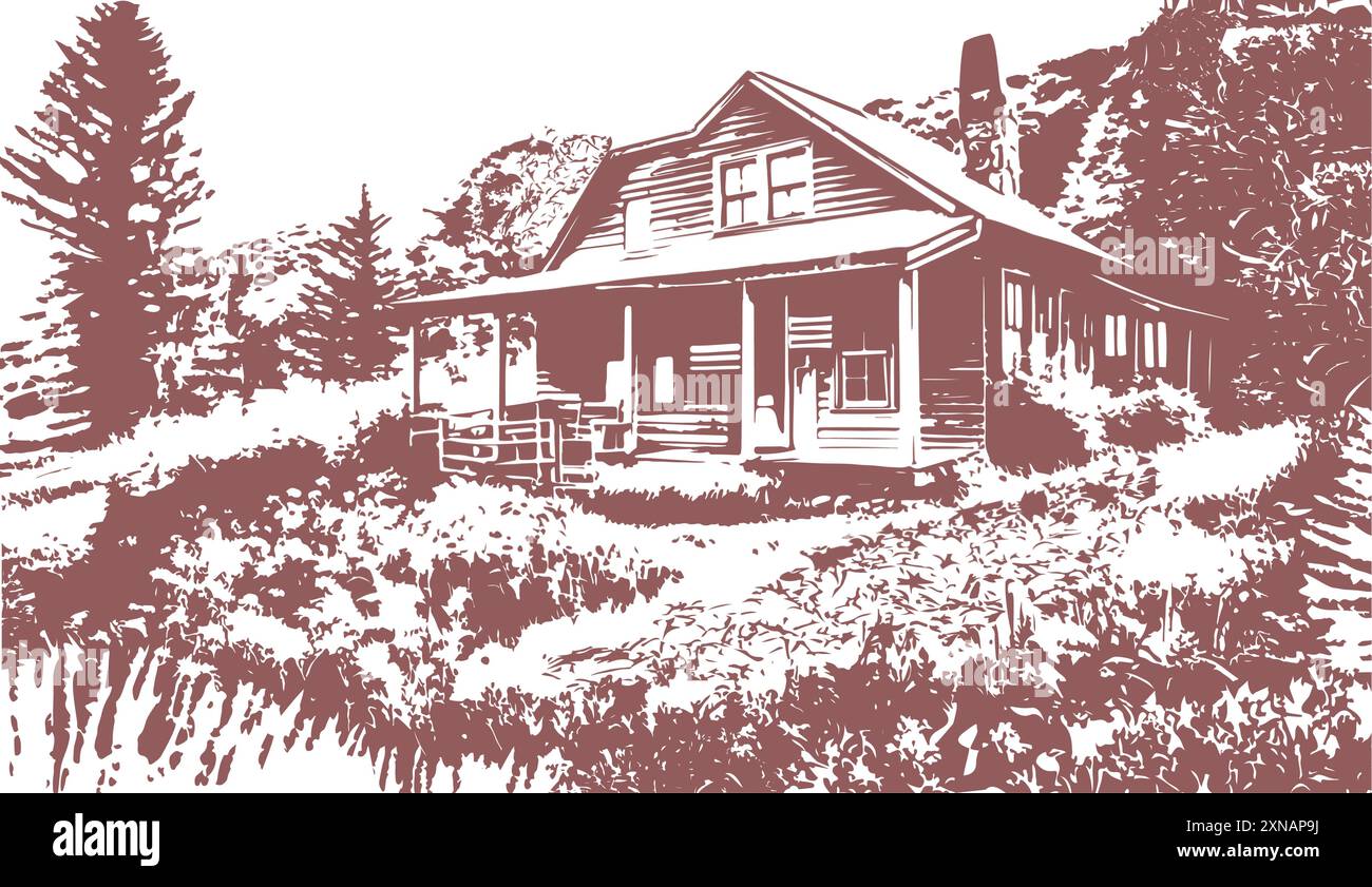 Wallpapers with cabin in countryside landscape drawing in woodcut style ...