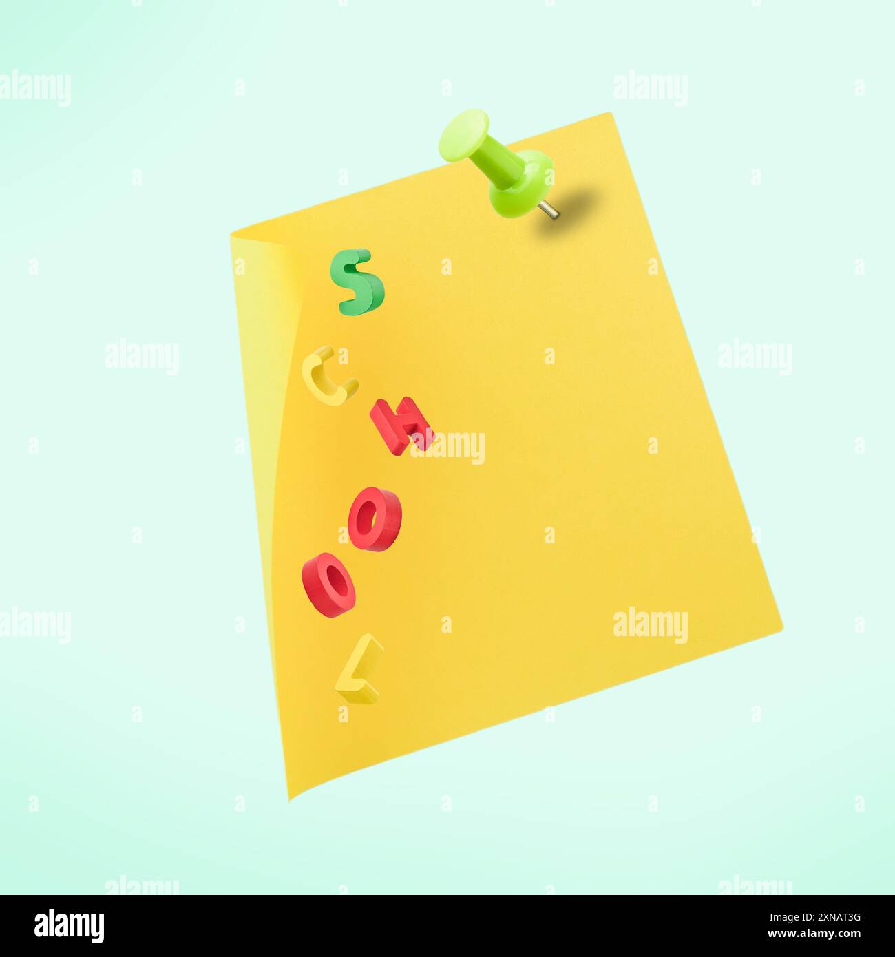 Notes with flying wooden letters school on isolated blue background ...