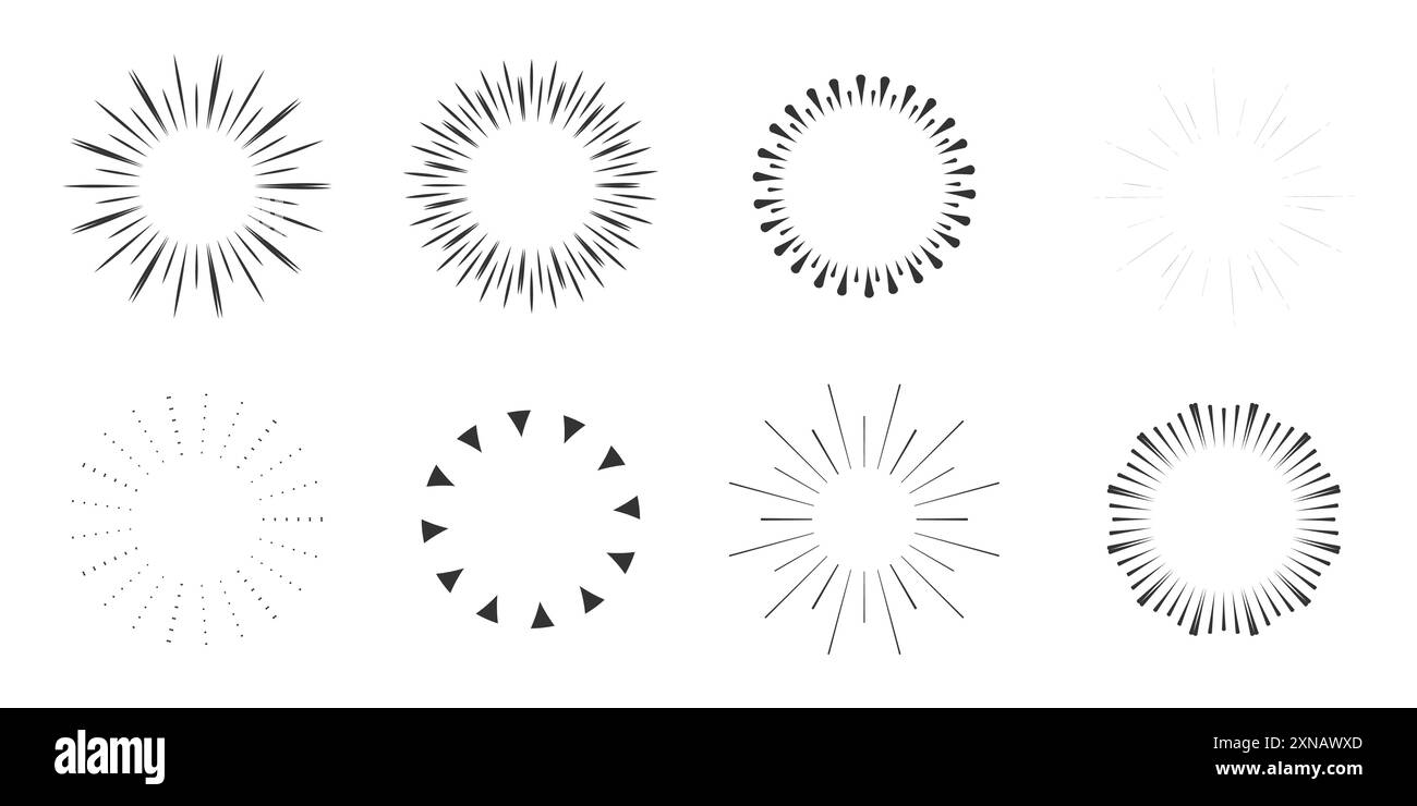 Set Fireworks, rays, sunburst frames circle border decoration, sparkle in doodle style, line ...