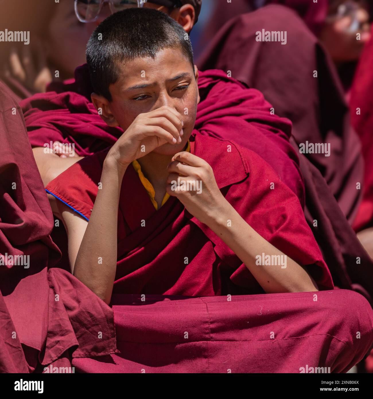 Portrait of a young Buddhist monk from Leh, Ladakh wearing monastic red ...