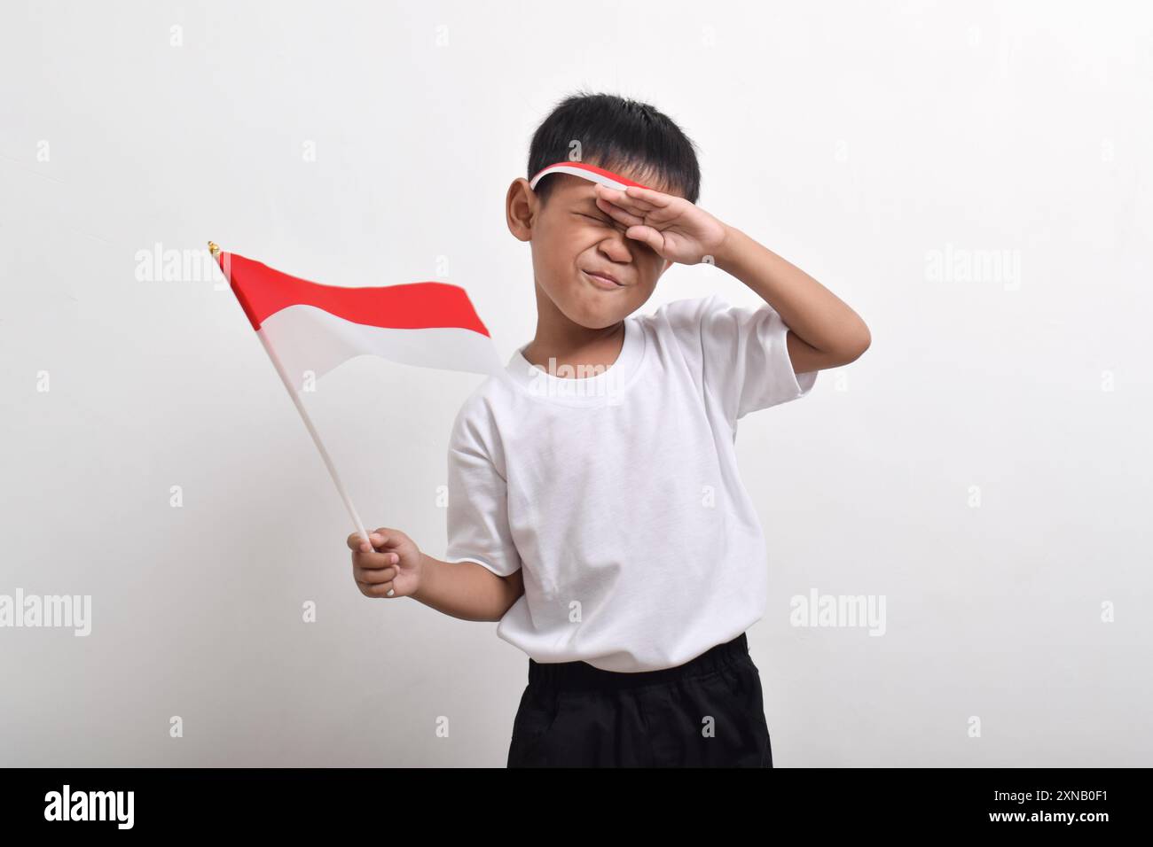 Cute little Asian boy giving salute celebrate Indonesian independence ...