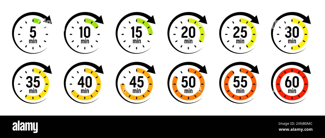Stopwatch icons with pointer arrow. Colorful chronometer, time counter ...