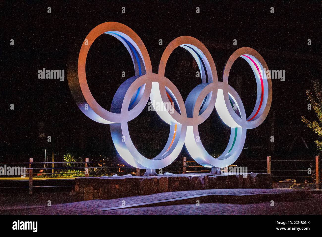 Whistler Olympic Park, Olympischen Ringe bei Nacht, British Columbia ...