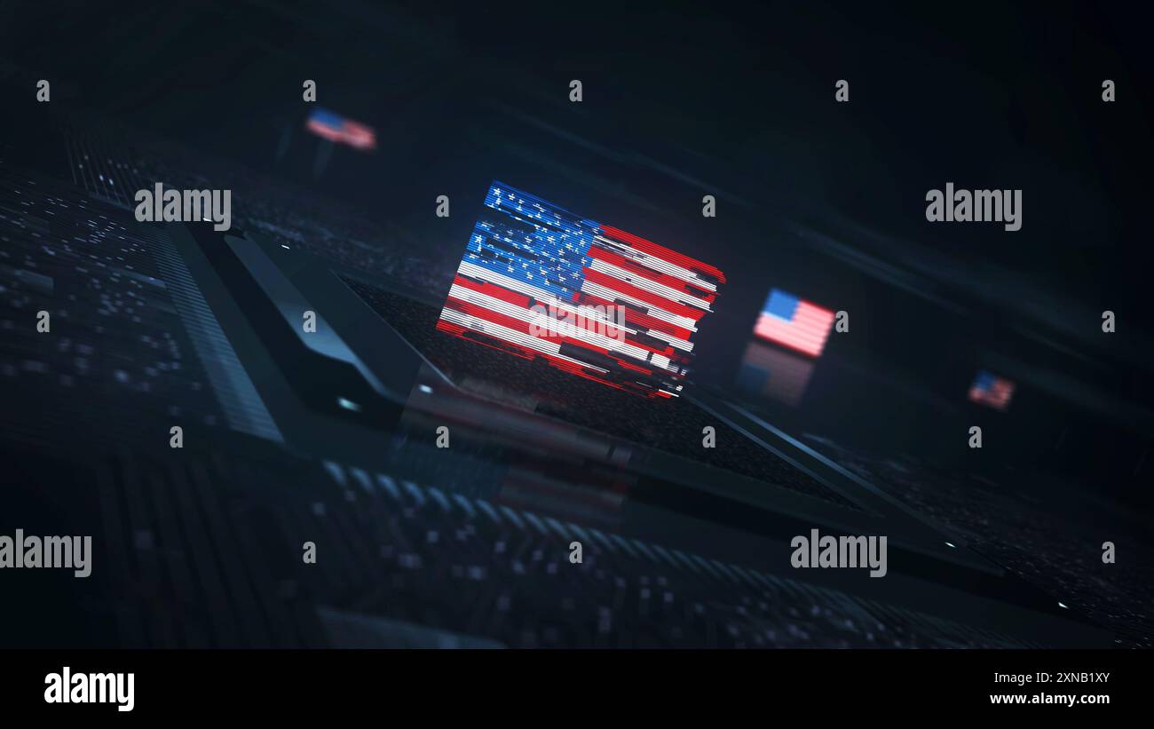 USA digital technology flag cyber on on computer CPU in background ...