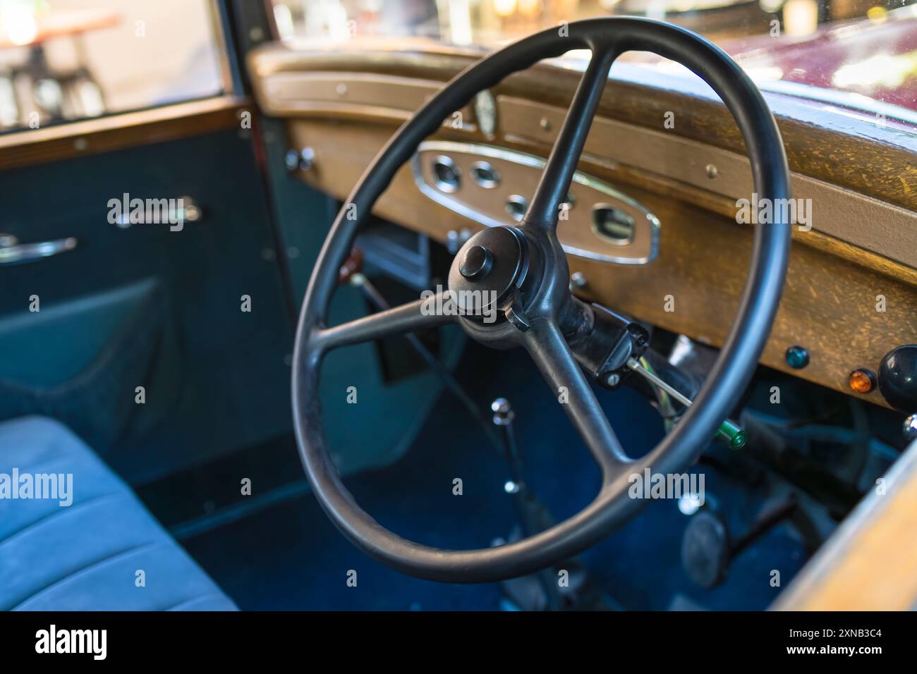Original vintage car interior with big steering wheel Stock Photo - Alamy