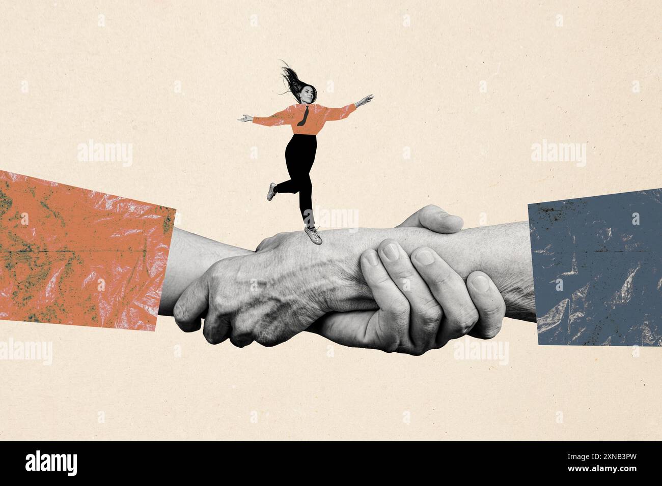 Creative collage picture young businesswoman ambitious deal handshake ...