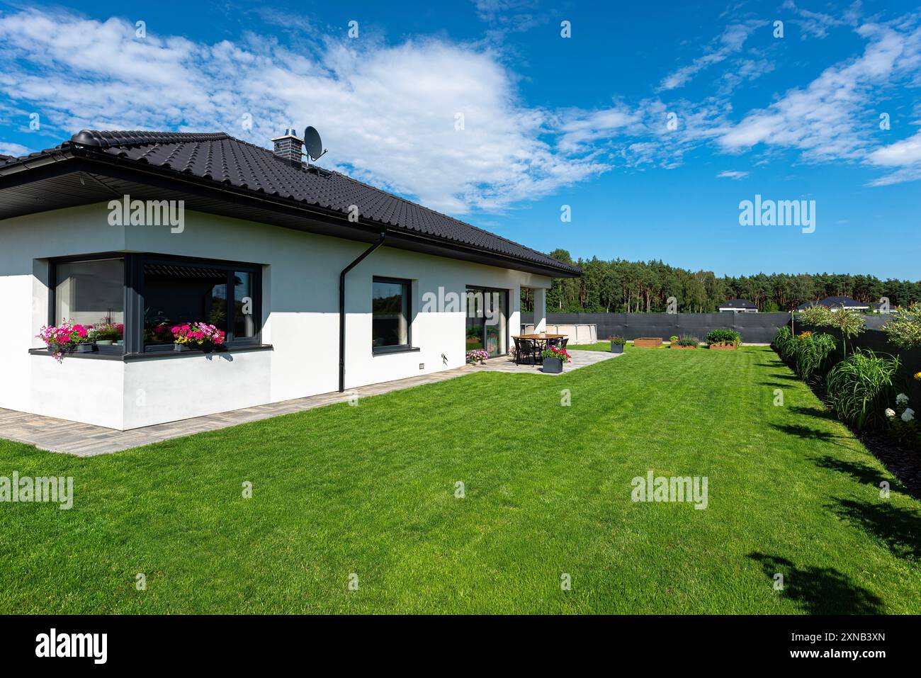 Beautiful garden with green grass, visible terrace table and house in ...