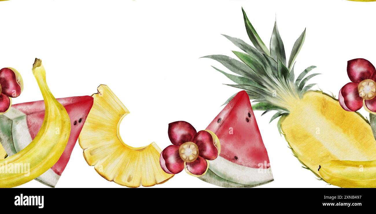 Seamless border of tropical fruits. Hand drawn drawing of ripe ...
