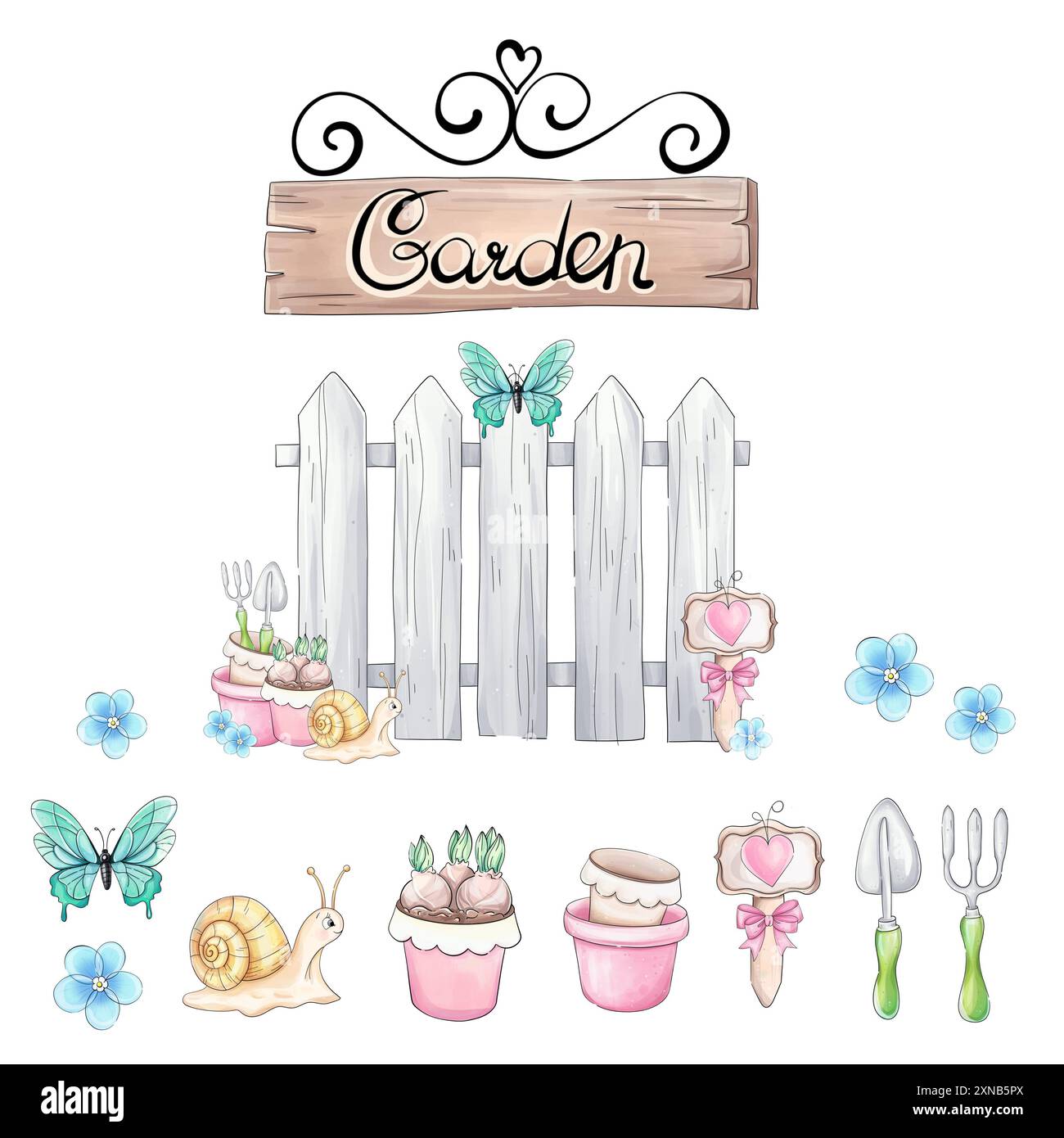 Watercolor set of garden white fence for copy space. Farmer tools ...