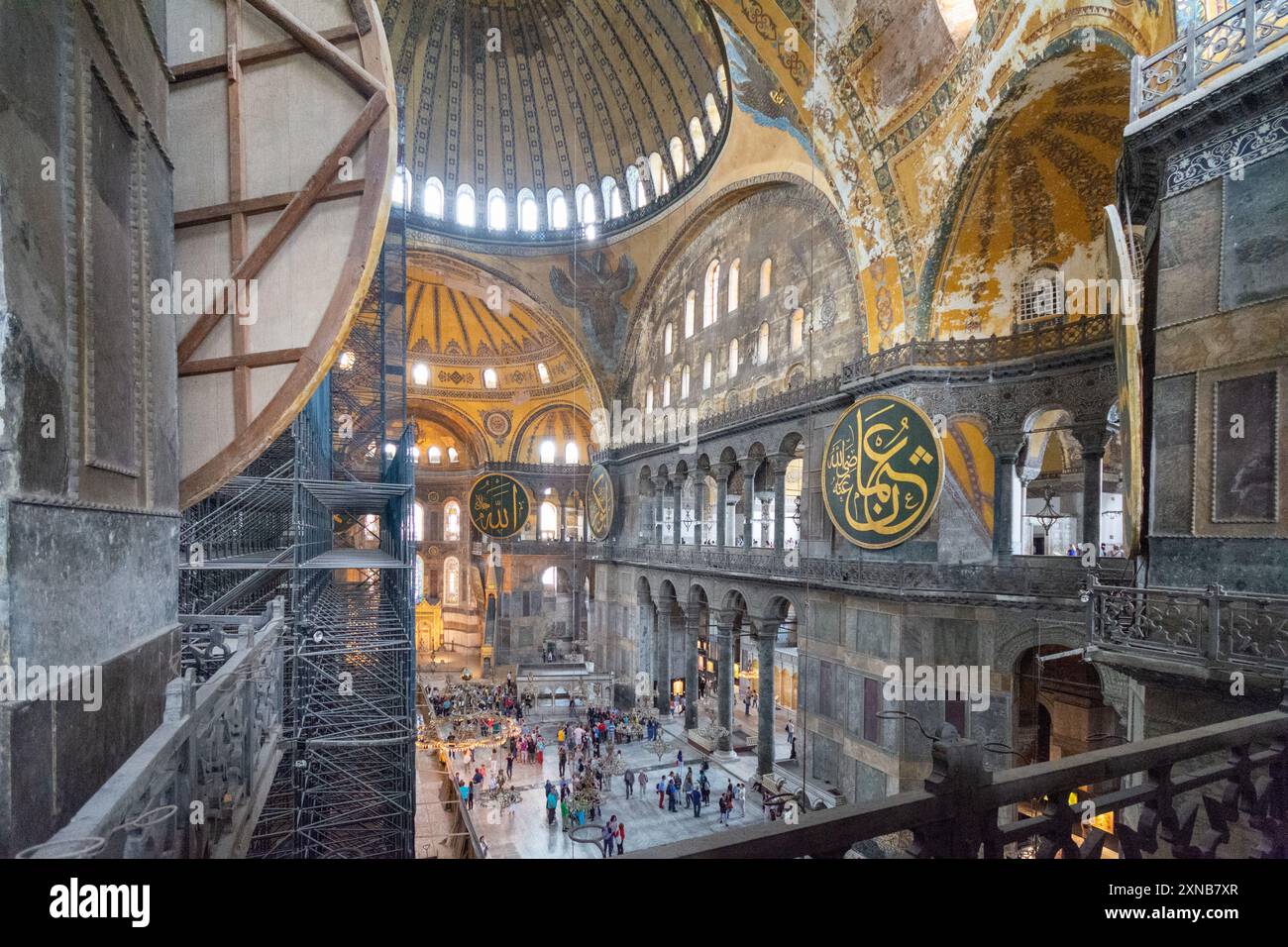 Interior of the Hagia Sophia or Aya Sofia in Istanbul with scaffolding as building work takes ...